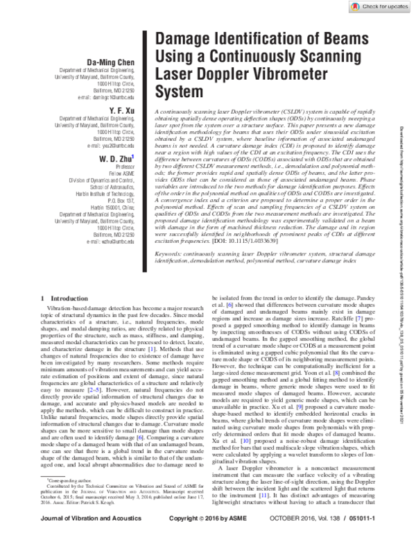 (PDF) Damage Identification of Beams Using a Continuously Scanning Laser Doppler Vibrometer System