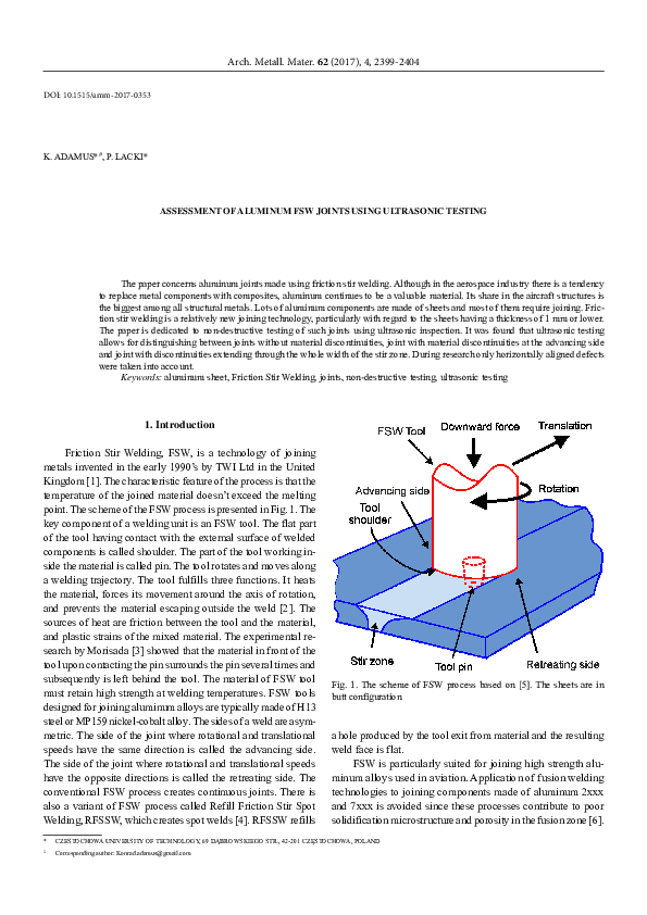 (PDF) Assessment of Aluminum FSW Joints Using Ultrasonic Testing
