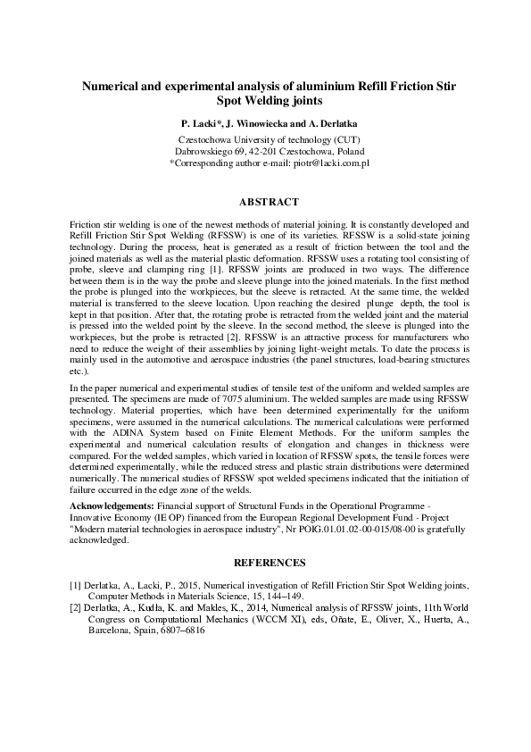 Pdf Numerical And Experimental Analysis Of Aluminium Refill Friction Stir Spot Welding Joints