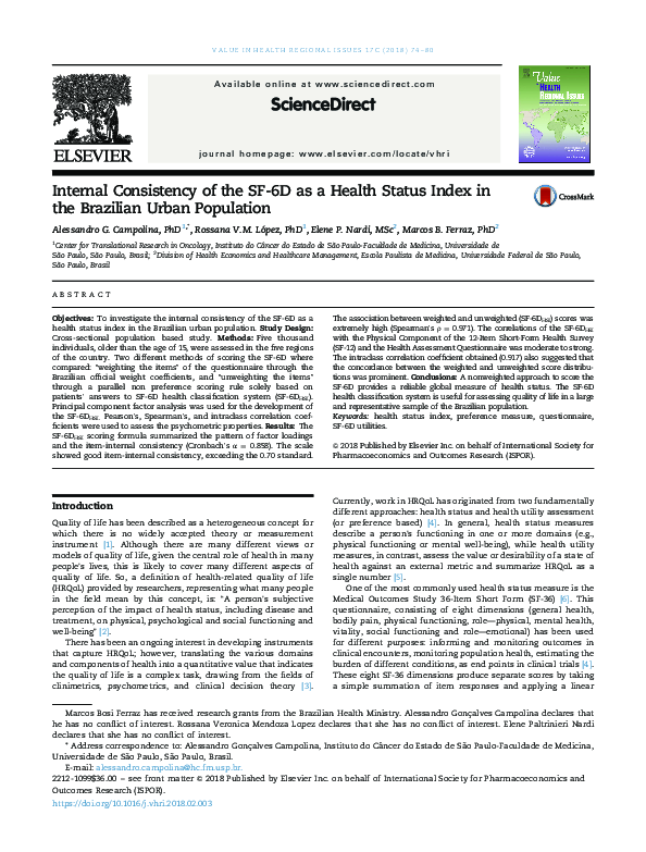 (PDF) Internal Consistency of the SF-6D as a Health Status Index in the ...