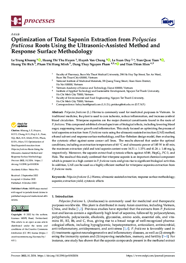 (PDF) Optimization of Total Saponin Extraction from Polyscias fruticosa Roots Using the ...