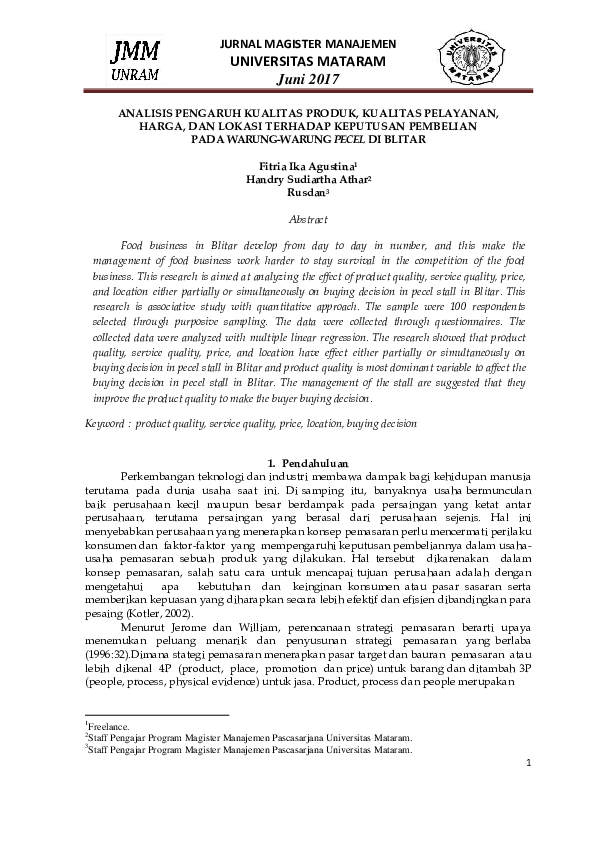 (PDF) Analisis Pengaruh Kualitas Produk, Kualitas Pelayanan, Harga, Dan Lokasi Terhadap ...