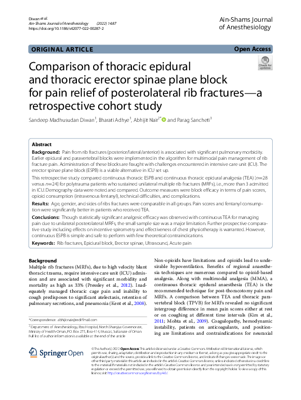 (PDF) Comparison of thoracic epidural and thoracic erector spinae plane ...