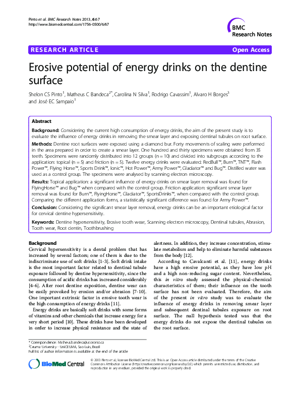 (PDF) Erosive potential of energy drinks on the dentine surface
