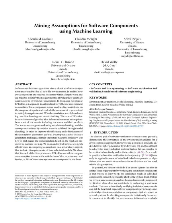 (PDF) Mining assumptions for software components using machine learning