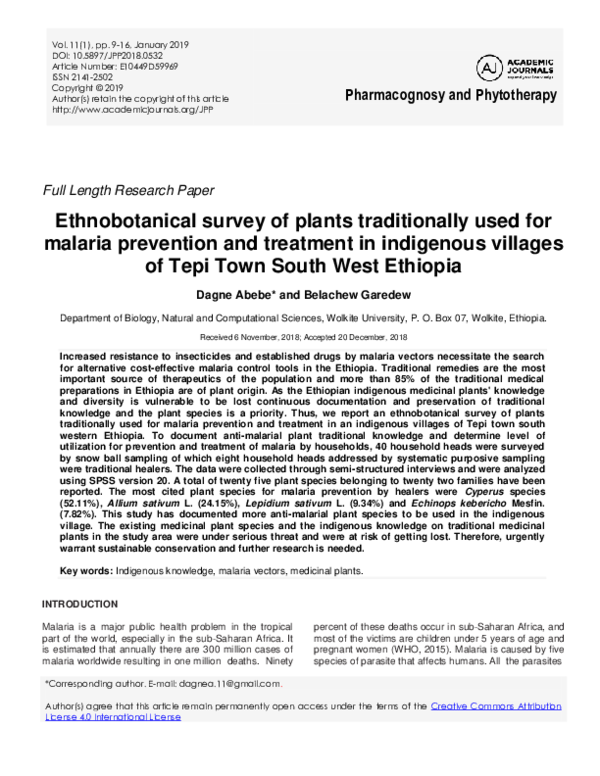 (PDF) Ethnobotanical survey of plants traditionally used for malaria prevention and treatment in ...