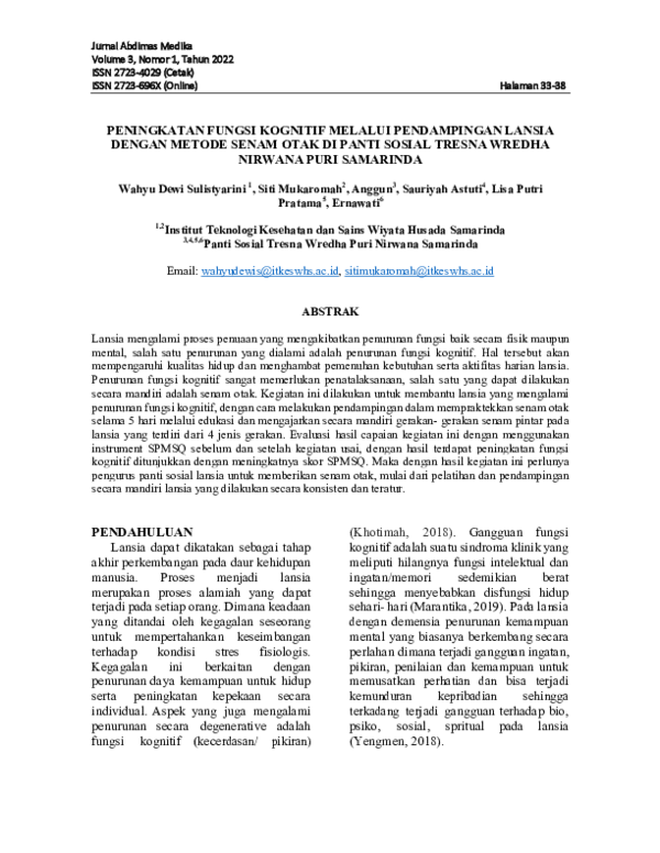 (PDF) Peningkatan Fungsi Kognitif Melalui Pendampingan Lansia Dengan Metode Senam Otak DI Panti ...