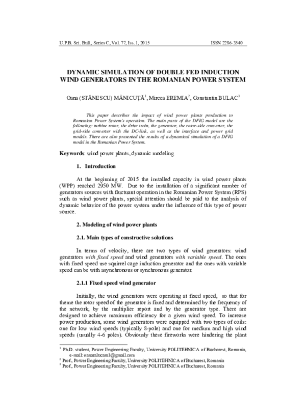 (PDF) Dynamic Simulation of Double Fed Induction Wind Generators in the ...