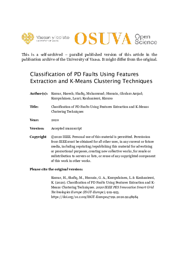 Pdf Classification Of Pd Faults Using Features Extraction And K Means Clustering Techniques