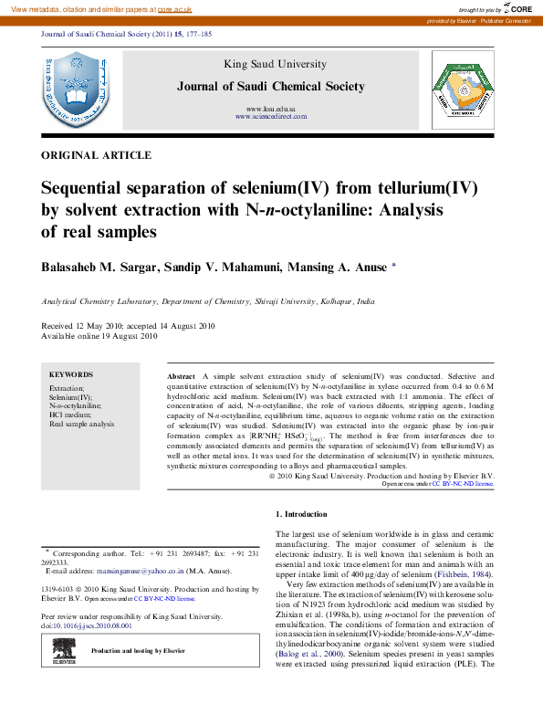 (PDF) Sequential separation of selenium(IV) from tellurium(IV) by solvent extraction with N-n ...