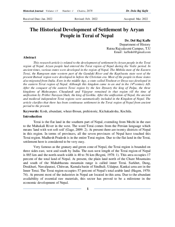 (PDF) The Historical Development of Settlement by Aryan People in Terai ...