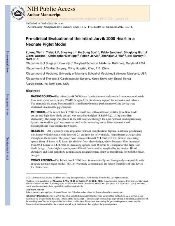 (PDF) Pre-clinical evaluation of the infant Jarvik 2000 heart in a ...