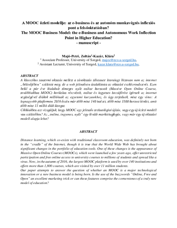(PDF) The MOOC business model: the e-business and autonomous work inflection point in higher ...
