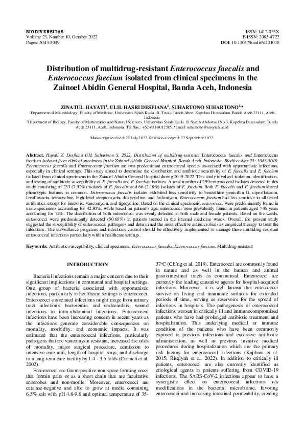 Pdf Distribution Of Multidrug Resistant Enterococcus Faecalis And Enterococcus Faecium