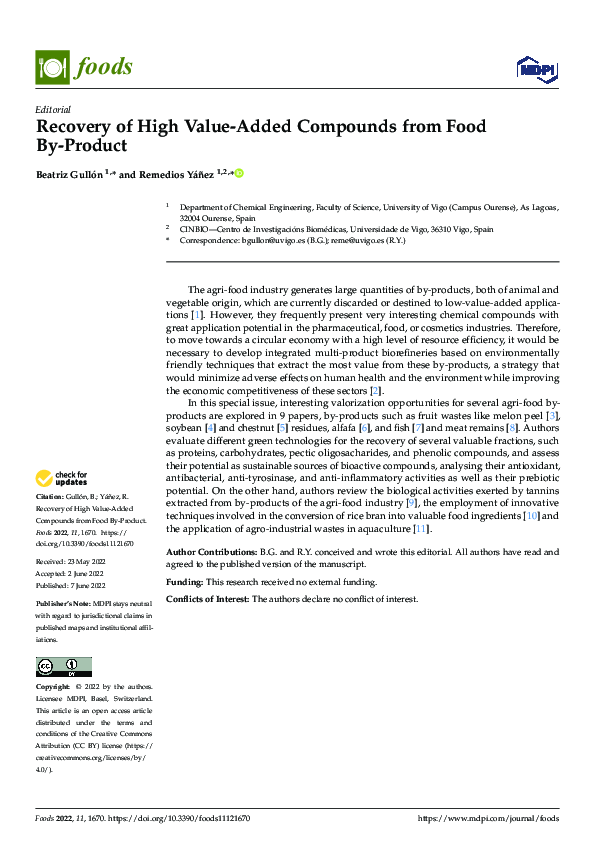 (PDF) Recovery of High Value-Added Compounds from Food By-Product