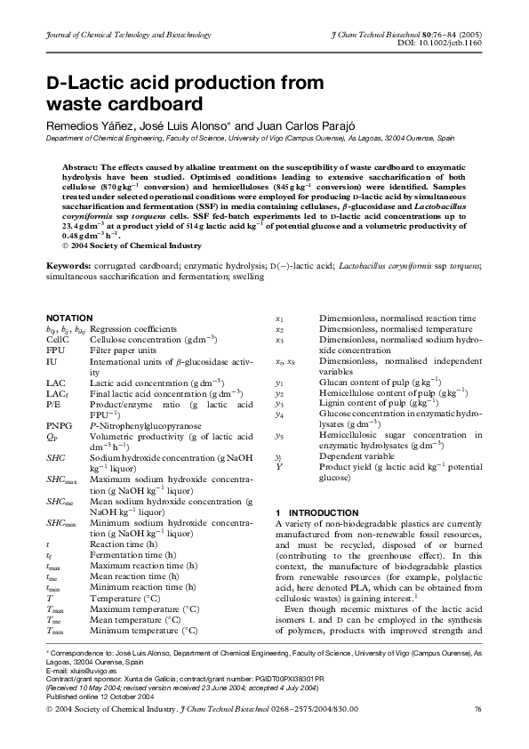 (PDF) D-Lactic acid production from waste cardboard