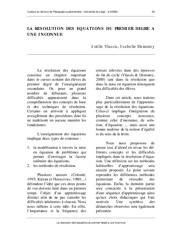 (PDF) La Resolution Des Equations Du Premier Degre a Une Inconnue ...
