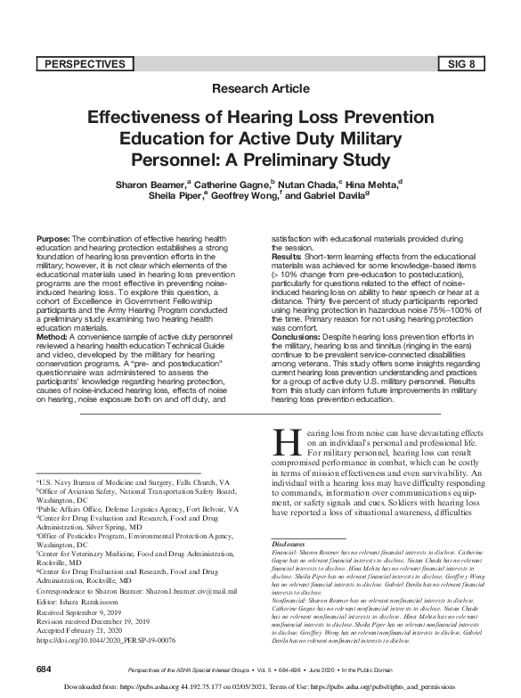 (PDF) Effectiveness of Hearing Loss Prevention Education for Active ...