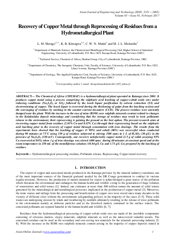 (PDF) Recovery of Copper Metal through Reprocessing of Residues from a ...
