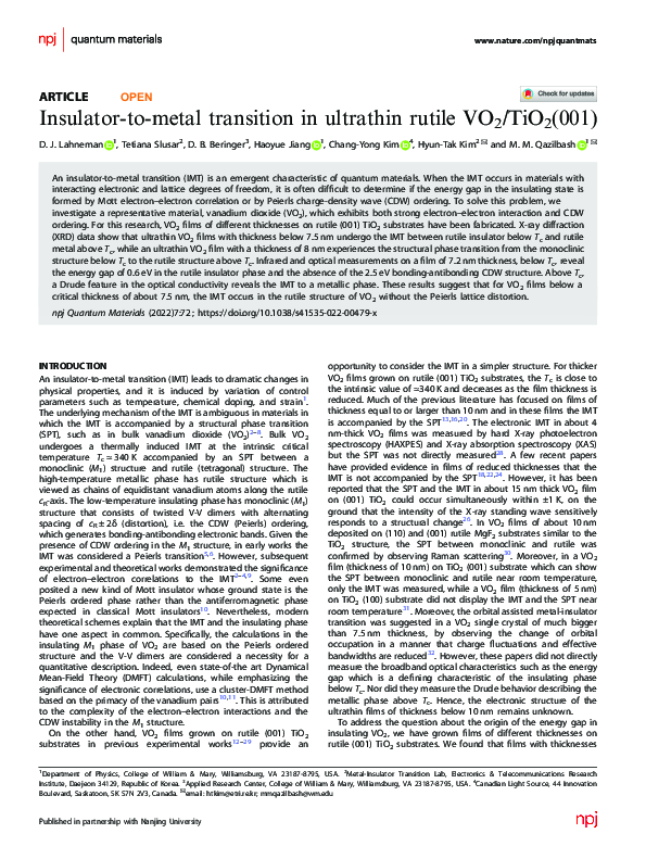 (PDF) Insulator-to-metal transition in ultrathin rutile VO2/TiO2(001)