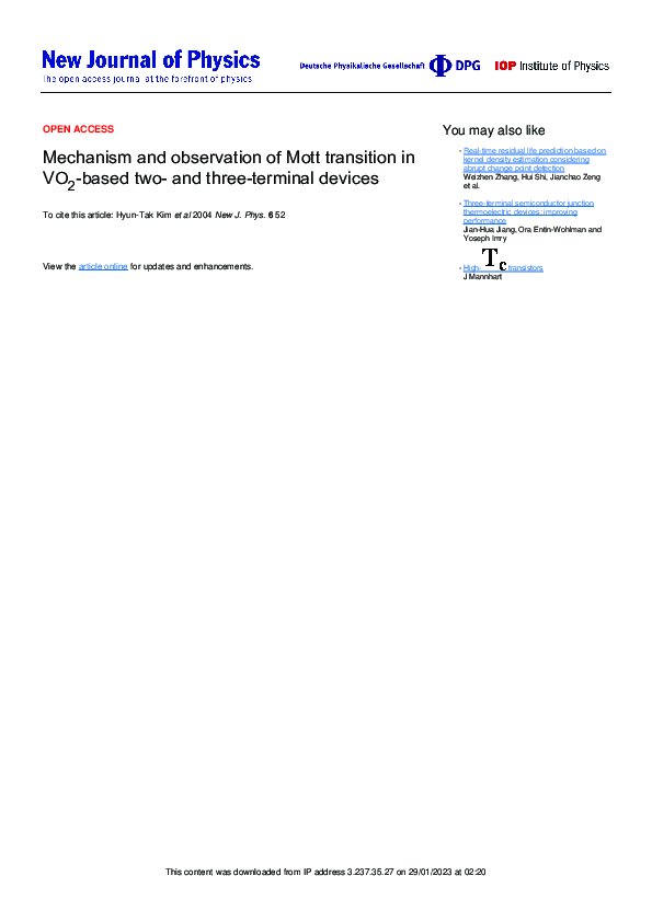 (PDF) Mechanism and observation of Mott transition in VO2-based two- and three-terminal devices