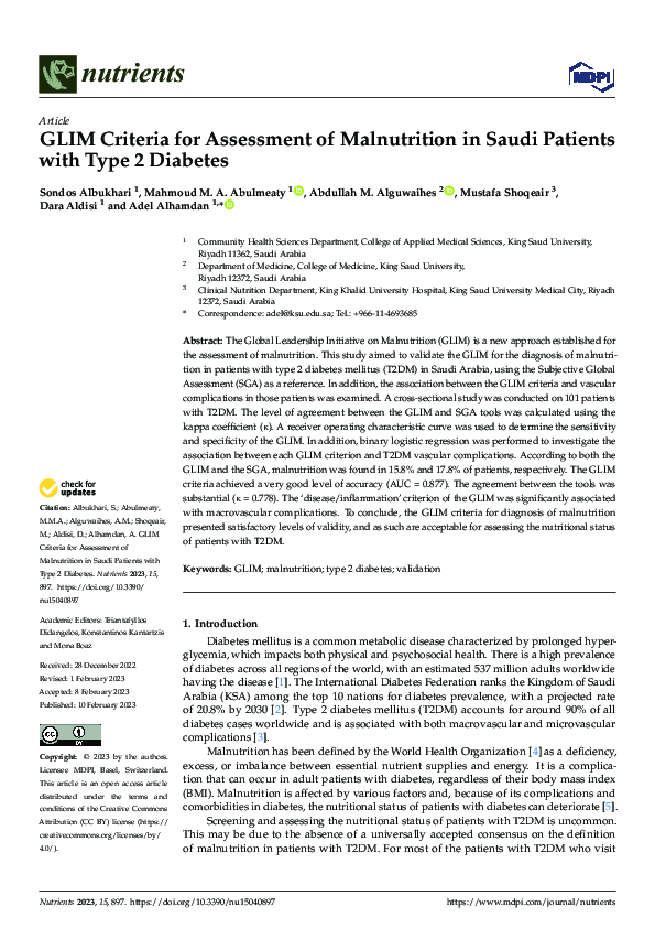 (PDF) GLIM Criteria for Assessment of Malnutrition in Saudi Patients ...