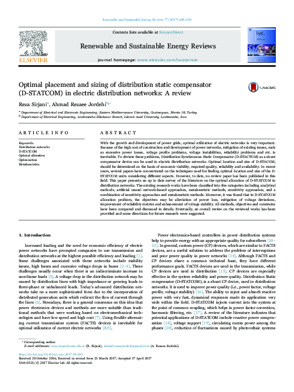 Pdf Optimal Placement And Sizing Of Distribution Static Compensator D Statcom In Electric