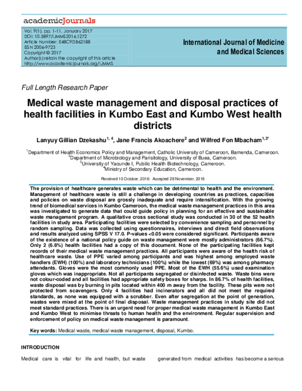 (PDF) Medical waste management and disposal practices of health ...