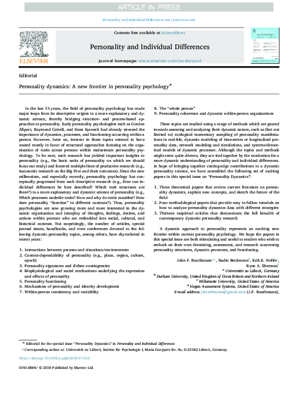 (PDF) Personality dynamics: A new frontier in personality psychology