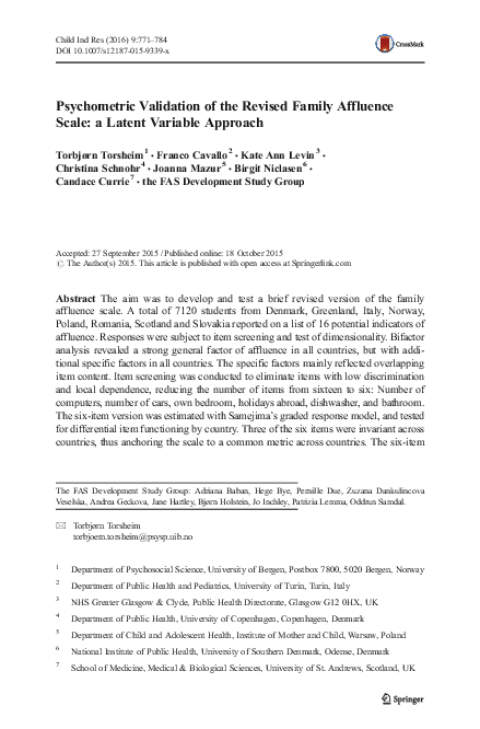 (PDF) Psychometric Validation of the Revised Family Affluence Scale: a ...
