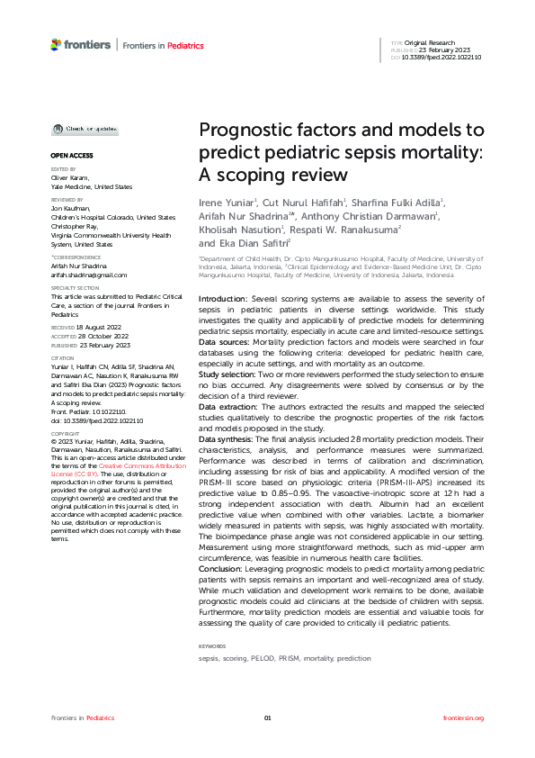 (PDF) Prognostic factors and models to predict pediatric sepsis mortality: A scoping review