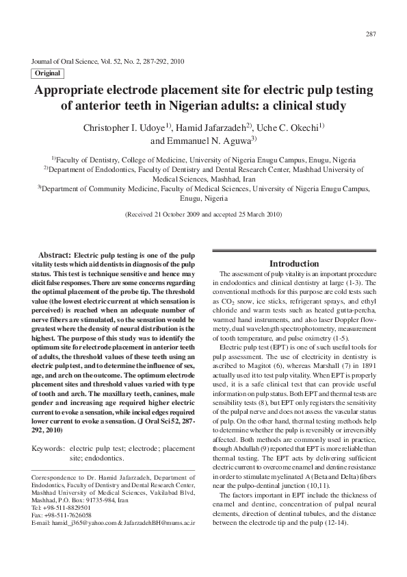 (PDF) Appropriate electrode placement site for electric pulp testing of ...