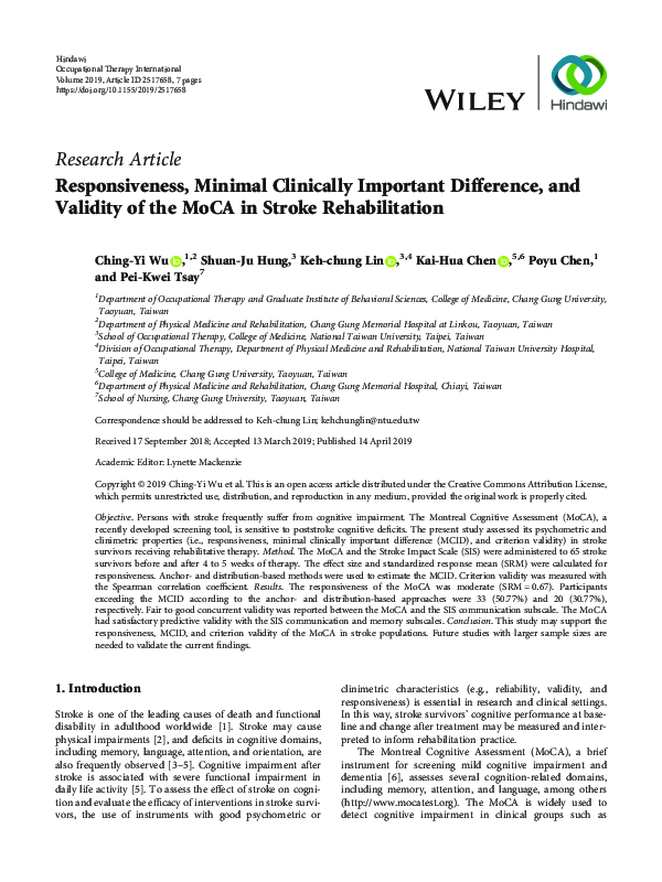 (PDF) Responsiveness, Minimal Clinically Important Difference, and Validity of the MoCA in ...