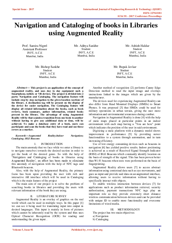 (PDF) Navigation and Cataloging of books in Libraries using Augmented ...
