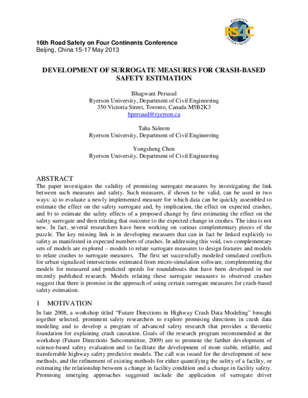 (PDF) Development of Surrogate Measures for Crash-Based Safety Estimation