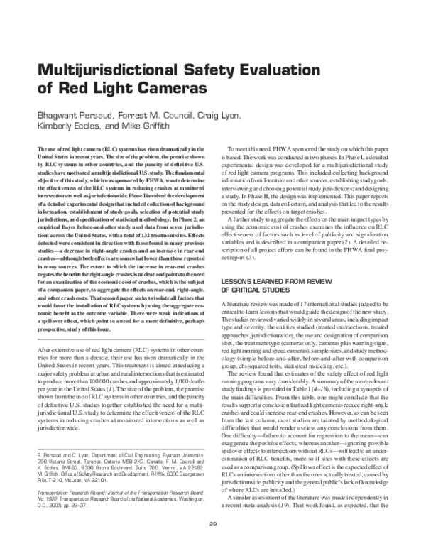 (PDF) Multijurisdictional Safety Evaluation of Red Light Cameras