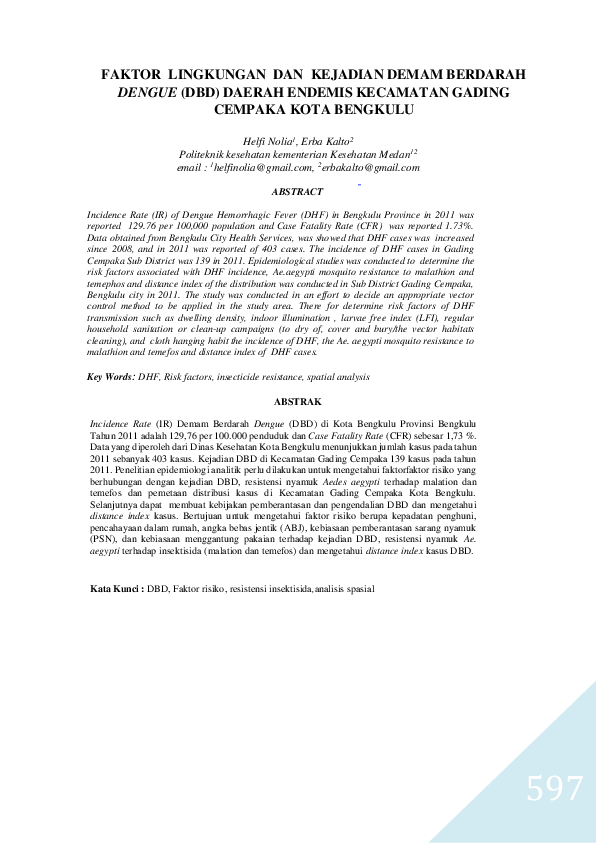 (PDF) Faktor Lingkungan Dan Kejadian Demam Berdarah Dengue (DBD) Daerah ...