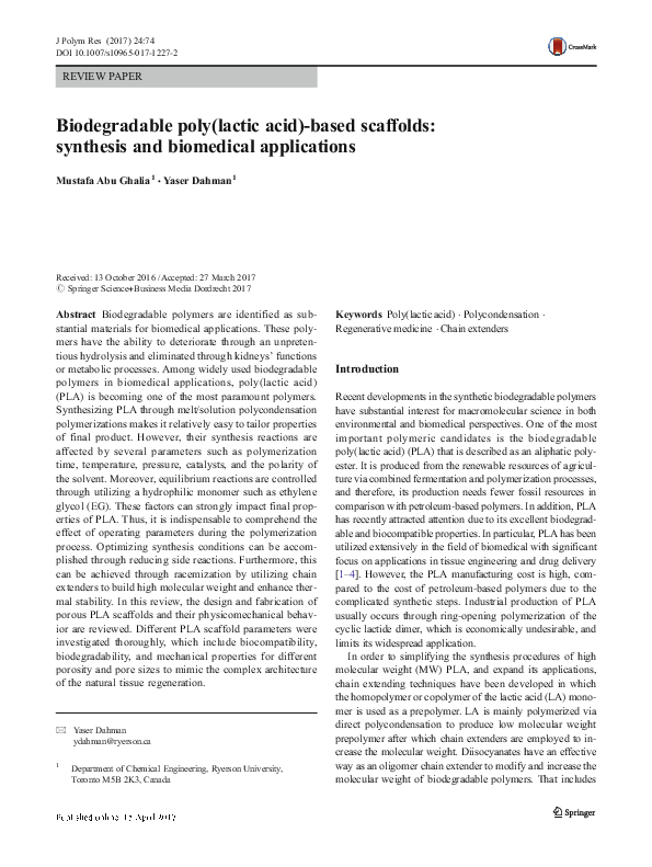 (PDF) Biodegradable poly(lactic acid)-based scaffolds: synthesis and biomedical applications