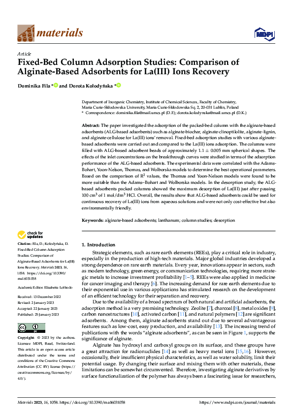 (PDF) Fixed-Bed Column Adsorption Studies: Comparison of Alginate-Based Adsorbents for La(III ...