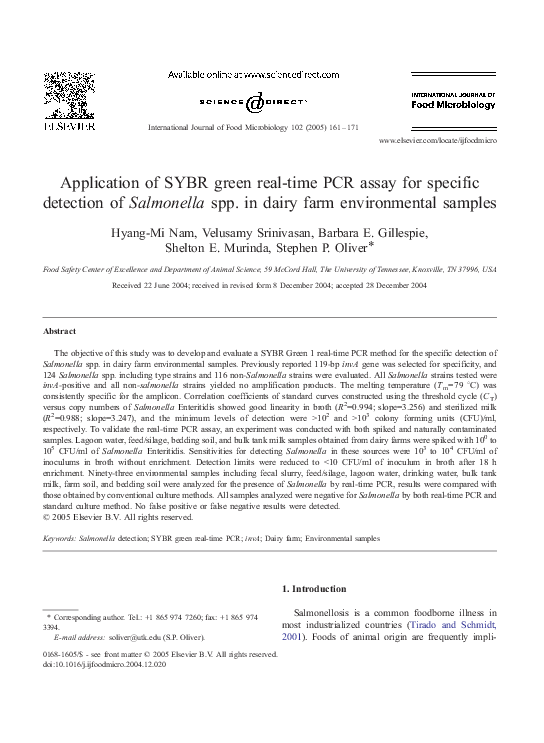 (PDF) Application of SYBR green real-time PCR assay for specific detection of Salmonella spp. in ...