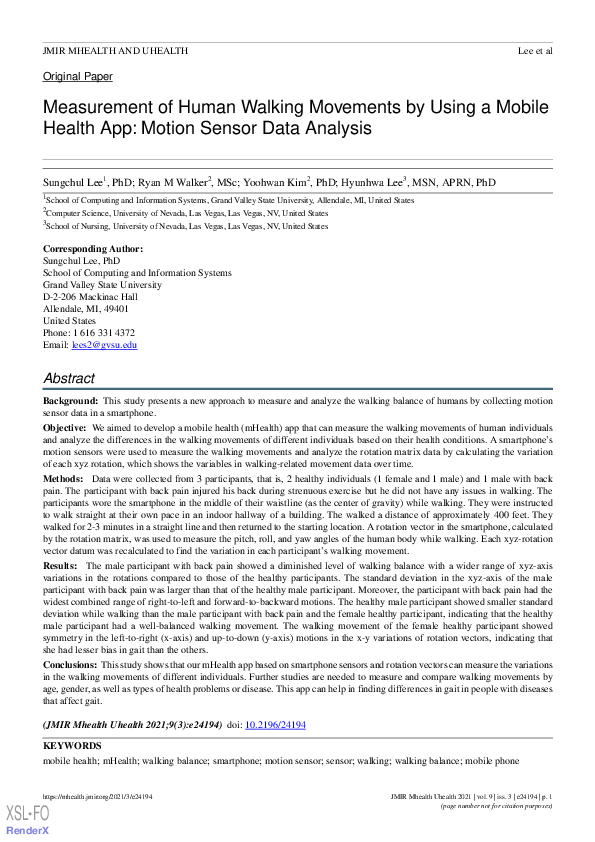 (PDF) Measurement of Human Walking Movements by Using a Mobile Health App: Motion Sensor Data ...