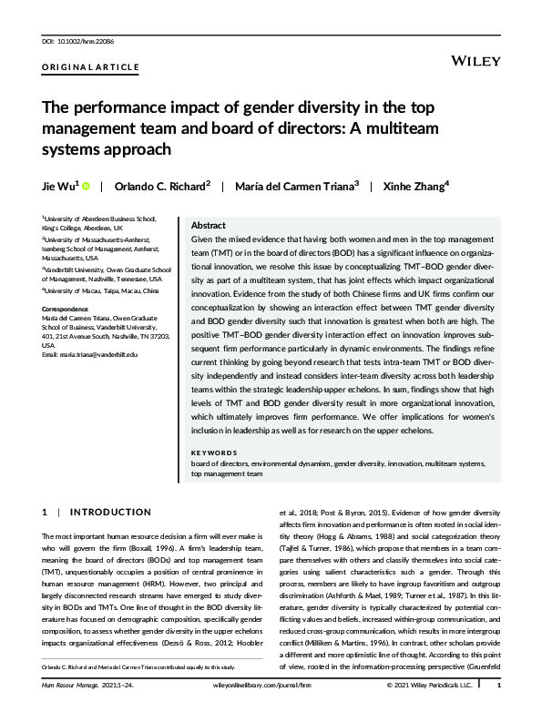 The performance impact of gender diversity in the top management team ...