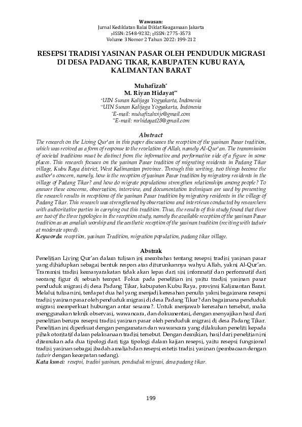(PDF) Resepsi Tradisi Yasinan Pasar Oleh Penduduk Migrasi DI Desa Padang Tikar, Kabupaten Kubu ...