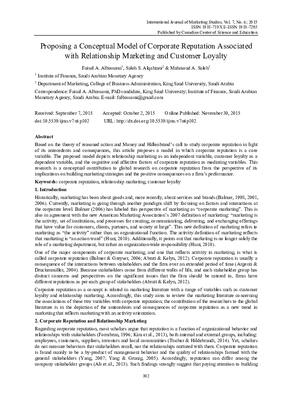 (PDF) Proposing a Conceptual Model of Corporate Reputation Associated with Relationship ...