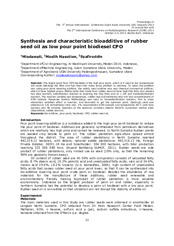 (PDF) Synthesis and Characteristic Bioadditive of Rubber Seed Oil as Low Pour Point Biodiesel ...
