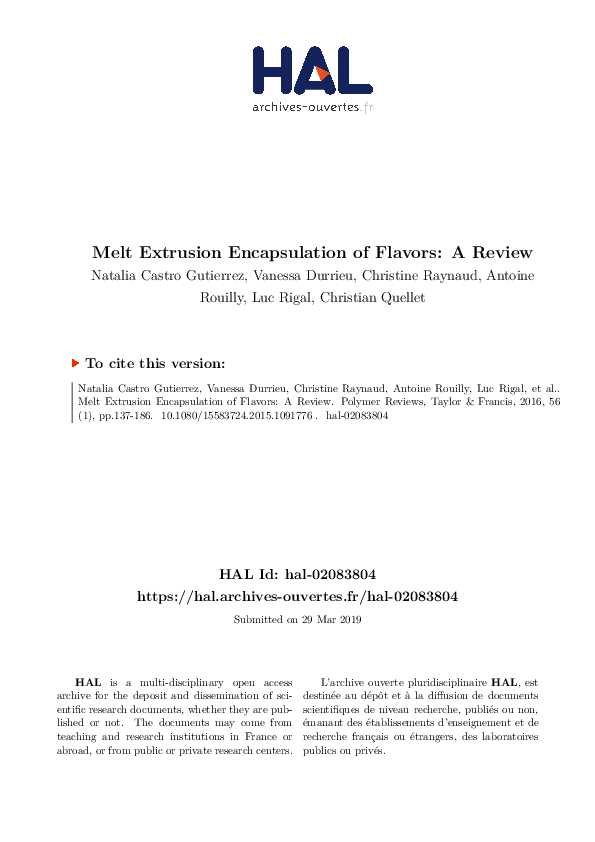 (PDF) Melt Extrusion Encapsulation of Flavors: A Review