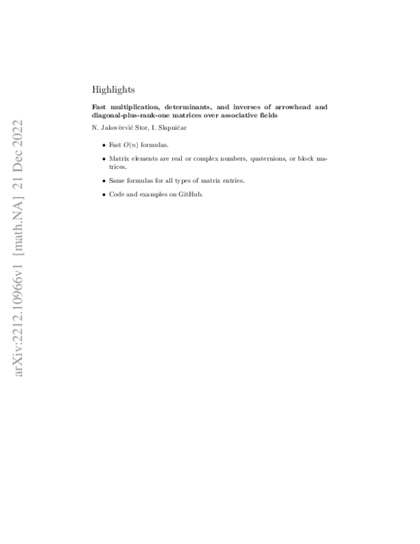 (PDF) Fast multiplication, determinants, and inverses of arrowhead and ...