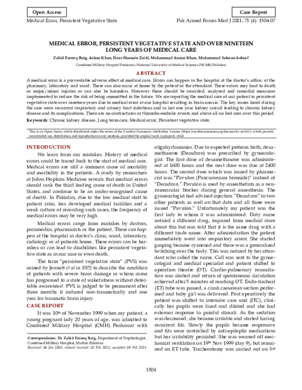 (PDF) Medical Error, Persistent Vegetative State and Over Nineteen Long Years of Medical Care