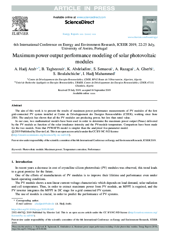 (PDF) Maximum power output performance modeling of solar photovoltaic modules | kamel Abdeladim ...