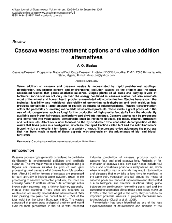 (PDF) Cassava wastes: treatment options and value addition alternatives